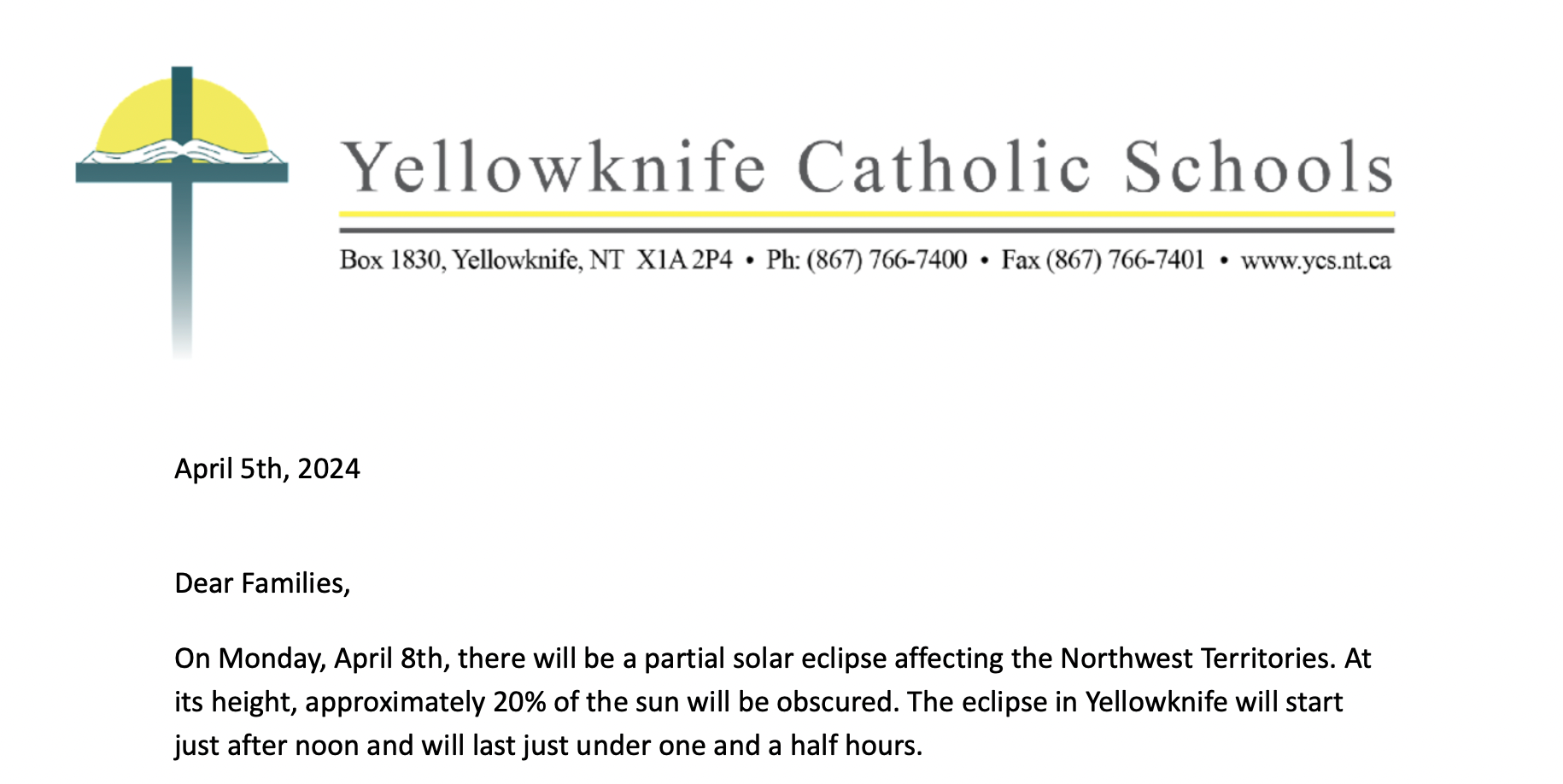 Solar Eclipse Letter - Yellowknife Catholic Main