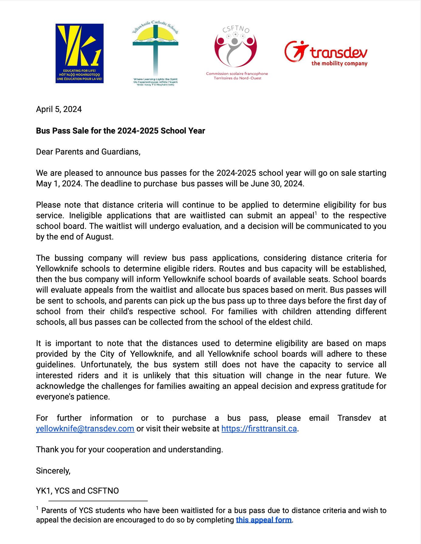 2024-2025 Bus Pass Information - Yellowknife Catholic Main